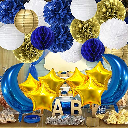 Wcaro Nautical Party Decorations To The Moon Party Decor Royal Blue White Gold Tissue Pom Poms Flower Paper Lanterns Paper Honeycomb Ball Moon Shaped Foil Mylar Balloons Star Shape Foil Mylar Balloons