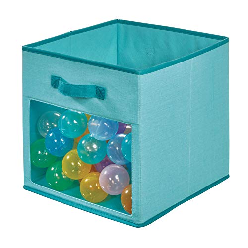 iDesign Emmy Fabric Storage Cube Bin with Front Window, Medium Basket Container with Dual Side Handles for Closet, Bedroom, Toys, Nursery - Teal