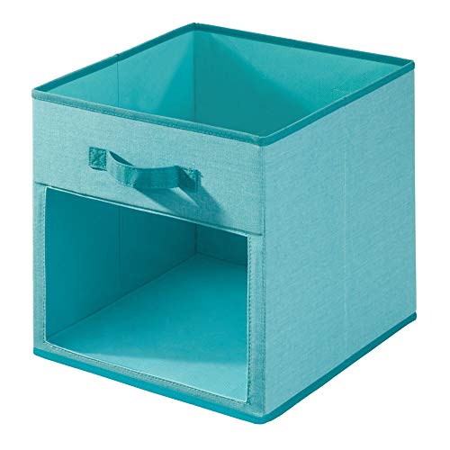 iDesign Emmy Fabric Storage Cube Bin with Front Window, Medium Basket Container with Dual Side Handles for Closet, Bedroom, Toys, Nursery - Teal