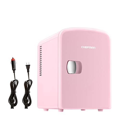 Chefman Mini Portable Pink Personal Fridge Cools Or Heats & Provides Compact Storage For Skincare, Snacks, Or 6 12oz Cans W/ A Lightweight 4-liter Capacity To Take On The Go