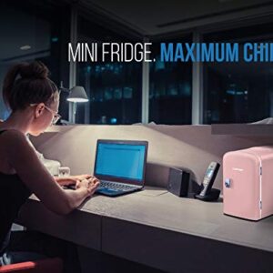 Chefman Mini Portable Pink Personal Fridge Cools Or Heats & Provides Compact Storage For Skincare, Snacks, Or 6 12oz Cans W/ A Lightweight 4-liter Capacity To Take On The Go