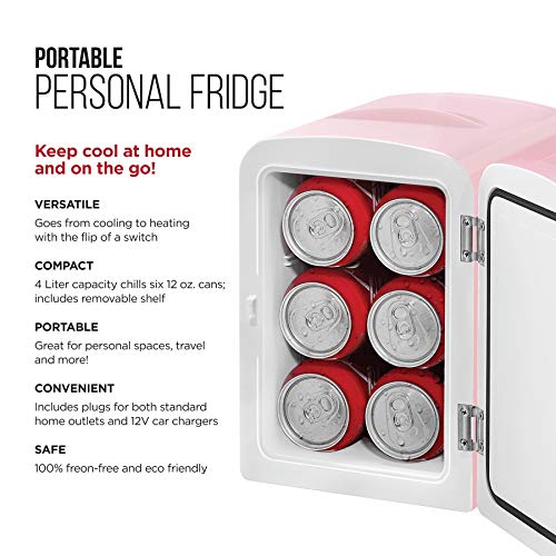 Chefman Mini Portable Pink Personal Fridge Cools Or Heats & Provides Compact Storage For Skincare, Snacks, Or 6 12oz Cans W/ A Lightweight 4-liter Capacity To Take On The Go