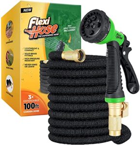 flexi hose with 8 function nozzle expandable garden hose 100ft, lightweight & no-kink flexible garden hose with nozzle, 3/4 inch solid brass fittings and double latex core, 100 ft black