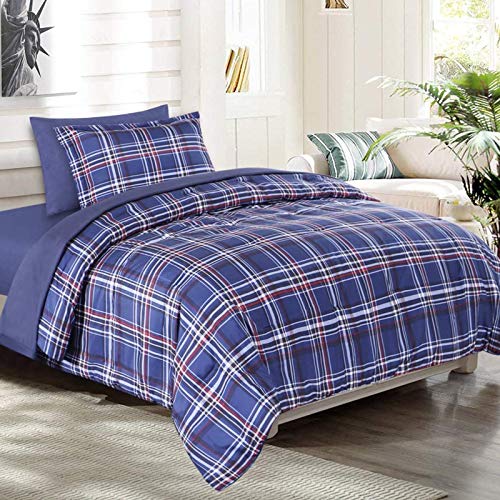 EMME Twin Bed in A Bag 5-Piece, Blue Plaid Twin Comforter Set with Sheets, Brushed Microfiber Down Alternative Bedding Set, Soft and Comfortable Bed Set for All Season (Twin/Twin XL, Blue Plaid)