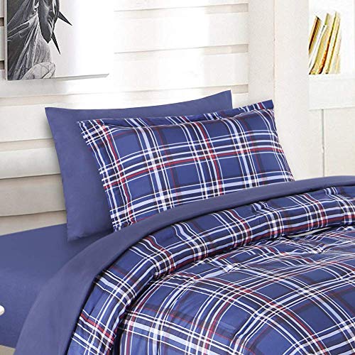 EMME Twin Bed in A Bag 5-Piece, Blue Plaid Twin Comforter Set with Sheets, Brushed Microfiber Down Alternative Bedding Set, Soft and Comfortable Bed Set for All Season (Twin/Twin XL, Blue Plaid)