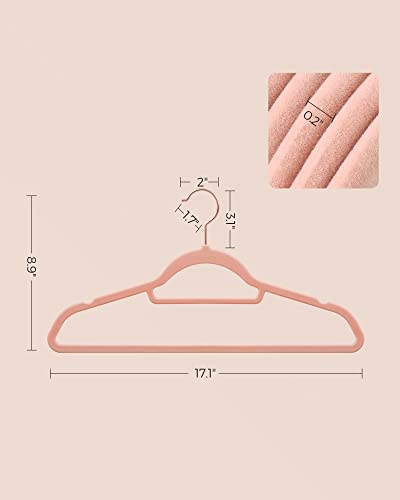 SONGMICS Velvet Hangers, Set of 50 Clothes Hanger with Rose Gold Swivel Hook, Non-Slip, and Space-Saving, 0.2-Inch Thick, 17.1-Inch Long for Coat, Shirt, Dress, Pants, Tie, Light Pink UCRF21PK50