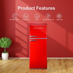 Galanz GLR10TRDEFR Retro Refrigerator with Top Freezer Frost Free, Dual Door Fridge, Adjustable Electrical Thermostat Control, 10.0 Cu Ft, Red