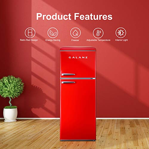 Galanz GLR10TRDEFR Retro Refrigerator with Top Freezer Frost Free, Dual Door Fridge, Adjustable Electrical Thermostat Control, 10.0 Cu Ft, Red