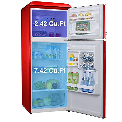 Galanz GLR10TRDEFR Retro Refrigerator with Top Freezer Frost Free, Dual Door Fridge, Adjustable Electrical Thermostat Control, 10.0 Cu Ft, Red