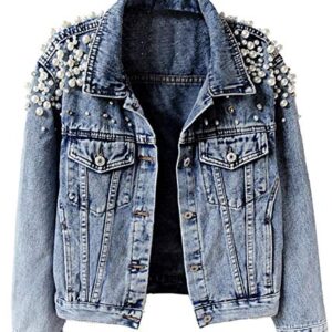 Kedera Women's Embroidered Rivet Pearl Short Denim Jacket Coat