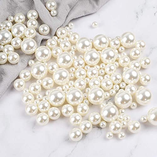 Quefe 150pcs Pearls for Crafts No Holes, Vase Filler Artificial Plastic Ivory Pearl Beads, Pearls for Vase Filler, Table Scatter, Wedding, Birthday Party, Home Decoration(8mm, 14mm, 20mm)