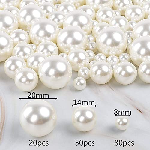 Quefe 150pcs Pearls for Crafts No Holes, Vase Filler Artificial Plastic Ivory Pearl Beads, Pearls for Vase Filler, Table Scatter, Wedding, Birthday Party, Home Decoration(8mm, 14mm, 20mm)