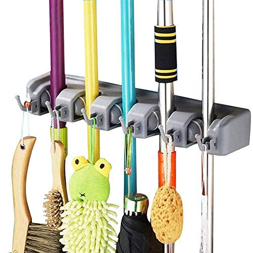 Mop and Broom Holder, Multipurpose Wall Mounted Heavy Duty Tool Organizer Storage Hooks,Ideal Broom Hanger for Kitchen Garden and Garage laundry room,5 Position with 6 Hooks