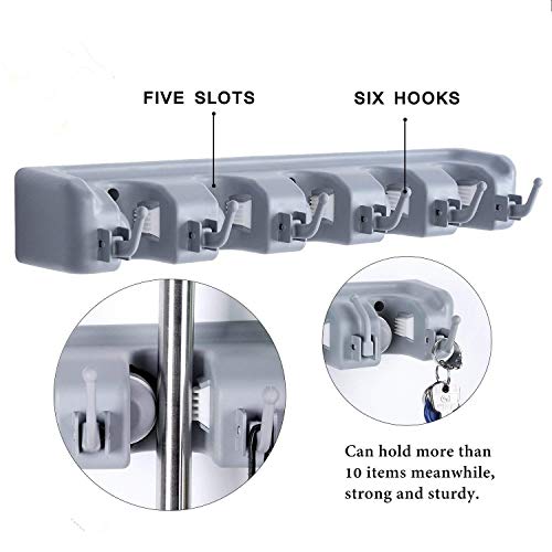 Mop and Broom Holder, Multipurpose Wall Mounted Heavy Duty Tool Organizer Storage Hooks,Ideal Broom Hanger for Kitchen Garden and Garage laundry room,5 Position with 6 Hooks