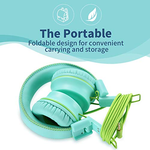 POWMEE M2 Kids Headphones Wired Headphone for Kids,Foldable Adjustable Stereo Tangle-Free,3.5MM Jack Wire Cord On-Ear Headphone for Children/Teens/Girls/Boys/School/Kindle/Airplane/Plane/ (Mint Green)