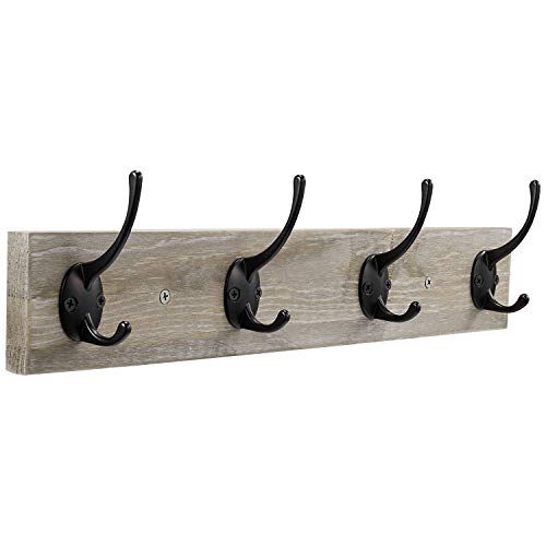 Sageme Wall Mounted Coat Rack, Wooden Entryway Vintage Rustic Coat Rack Hat Hanger Rack Zinc die-cast 4-Hook Rail for The Entryway, Bathroom, Bedroom, Kitchen, Mudroom Pinewood Alloy 4-Hook