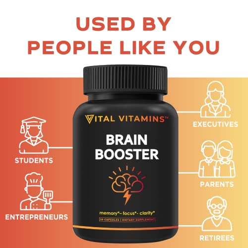 Vital Vitamins Brain Supplements for Memory & Focus - Brain Booster Nootropic - Brain Support for Concentration & Brain Fog - with Ginkgo Biloba, DMAE, Vitamin B12 - Energy Pills - 30-Day Supply