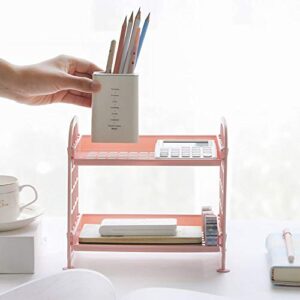 UnnFiko 2-Layers Table Shelf Organizer, Adjustable Plastic Storage Rack Shelf Square Basket Desk Stand Table Storage Organizer Shelves (Pink)