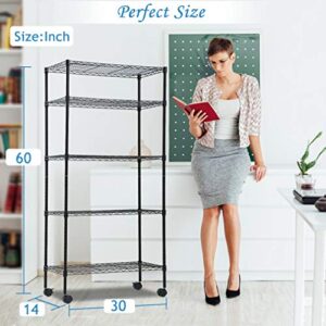 5 Tier Wire Shelving Unit NSF Heavy Duty Organizer Rack Height Adjustable Utility Steel Storage Shelves 14”W x 30”L x 60”H Commercial Grade Layer Shelf Metal Shelves w/Wheels for Garage Office Kitchen