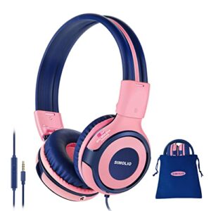 simolio kids headphones with microphone, headphones for girls with 75db,85db,94db volume limited & share jack, durable children headphones, on-ear kids headset for school/plane travel/gift (pink)