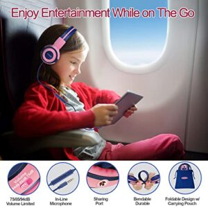 SIMOLIO Kids Headphones with Microphone, Headphones for Girls with 75dB,85dB,94dB Volume Limited & Share Jack, Durable Children Headphones, On-Ear Kids Headset for School/Plane Travel/Gift (Pink)