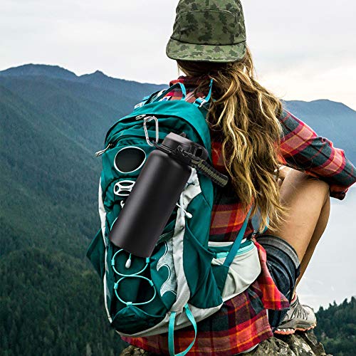 Water Bottle Handle for Hydro Flask and Other Wide Mouth Bottles, Paracord Strap Carrier for 12oz to 64oz Bottle, Bottle Accessories for Hiking - Assembled with Safety Ring and Carabiner (Black)