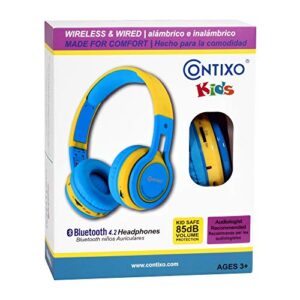 Contixo KB2600 Kids Headphones - Over The Ear Foldable Bluetooth Wireless Headphone for Kids - 85dB with Volume Limited - Micro SD Card Slot - Toddler Headphones for Boys and Girls (Blue + Yellow)