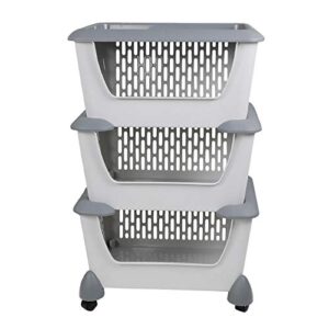 hommp gray plastic stacking storage organizer basket with wheels, multi-function stackable 3-tier storage basket