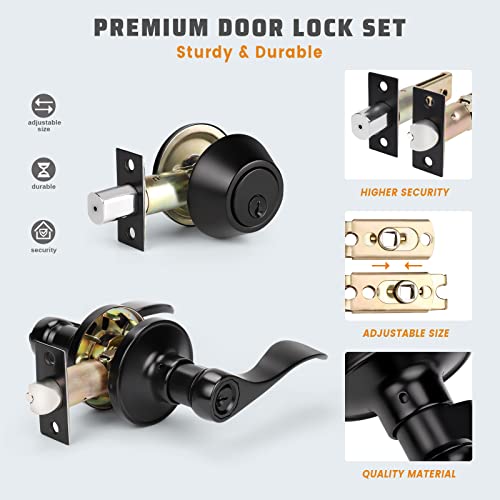 KNOBWELL 1 Pack Keyed Alike Entrance Door Lever Door Handle Exterior Door Lock Set with Single Cylinder Deadbolt Reversible for Right and Left Handing Doors