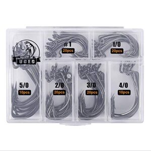 ucec fishing hooks, 100pcs/box offset wide gap 2x strong worm hooks senko bait jig fish hooks for bass trout saltwater freshwater size:#1 1/0 2/0 3/0 4/0 5/0