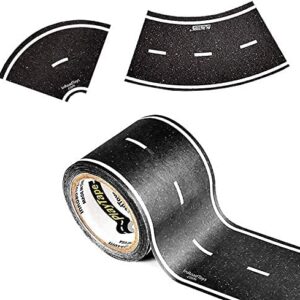 PlayTape Road Tape and Curves for Toy Cars - 1 Roll of 30 ft. x 2 in. Black Road + 1 Roll of 36 Curves