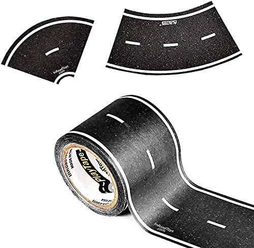 PlayTape Road Tape and Curves for Toy Cars - 1 Roll of 30 ft. x 2 in. Black Road + 1 Roll of 36 Curves