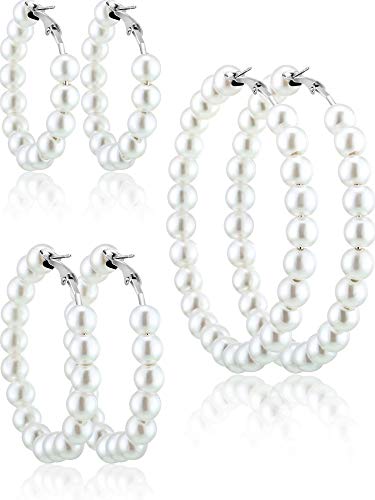 3 Pairs Pearl Hoop Earrings Pearl Earrings for Women Girl Brides Gift (Silver Earring Needle)