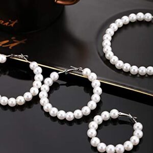 3 Pairs Pearl Hoop Earrings Pearl Earrings for Women Girl Brides Gift (Silver Earring Needle)