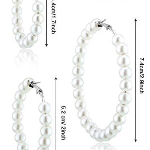 3 Pairs Pearl Hoop Earrings Pearl Earrings for Women Girl Brides Gift (Silver Earring Needle)