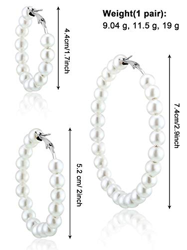 3 Pairs Pearl Hoop Earrings Pearl Earrings for Women Girl Brides Gift (Silver Earring Needle)