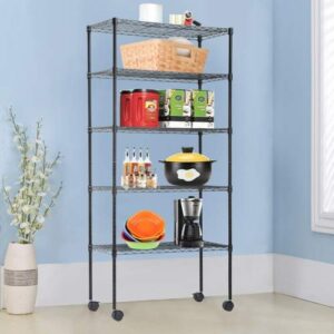 5 tier wire shelving unit rack nsf heavy duty height adjustable storage shelf metal shelving with wheels/feet levelers garage rack kitchen rack office rack commercial shelving - black - 30x14x60