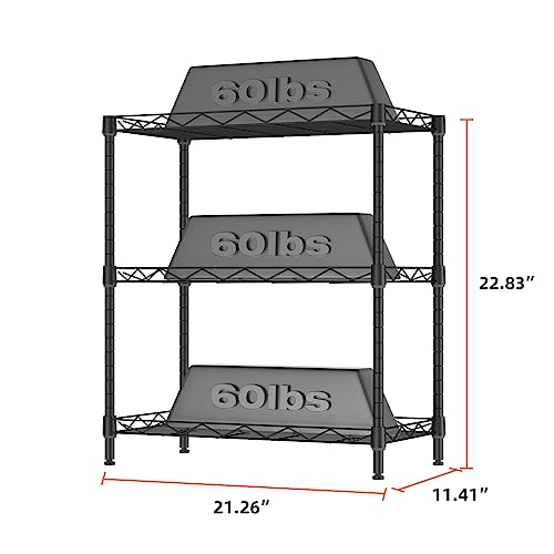 SINGAYE 3 Shelf Wire Shelving Unit Adjustable Storage Shelving 21.26”W x 11.41”D x 22.83”H (Black)