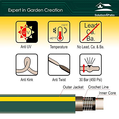 Solution4Patio Homes Garden 3/4 in. x 25 ft. Garden Hose, Brass Fittings, No Kink, No Leaking, Heavy Duty, High Water Pressure, for Extremely Weather 12 Year Warranty, No DOP, Environmental-Friendly