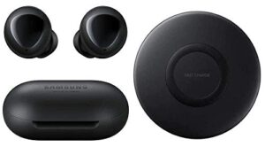 samsung galaxy buds 2019, bluetooth true wireless earbuds (wireless charging case included), black - international version, no warranty (buds + fast wireless charging pad bundle, black)