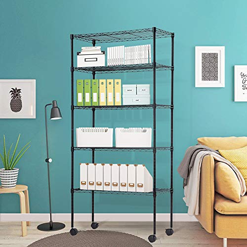 5 Tier Wire Shelving Unit with Wheels Metal Storage Shelves NSF Wire Shelf Adjustable Layer Rack for Pantry Closet Kitchen Laundry Organization in Black,14”Wx30”Dx60”H