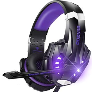 bengoo g9000 stereo gaming headset for ps4, pc, xbox one controller, noise cancelling over ear headphones with mic, led light, bass surround, soft memory earmuffs (purple)