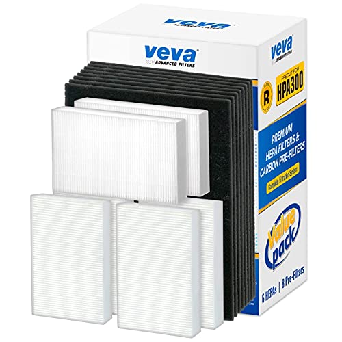 VEVA Air Purifier Filter Replacement - 6 Pack of HEPA Air Filters w/ 8 Precut Activated Carbon Pre-Filters, Compatible with Honeywell HPA300 Purifiers & Filter R, HEPA Filter and Pre filters