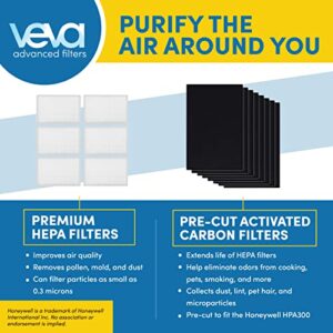 VEVA Air Purifier Filter Replacement - 6 Pack of HEPA Air Filters w/ 8 Precut Activated Carbon Pre-Filters, Compatible with Honeywell HPA300 Purifiers & Filter R, HEPA Filter and Pre filters