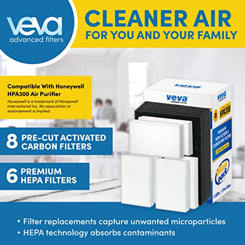 VEVA Air Purifier Filter Replacement - 6 Pack of HEPA Air Filters w/ 8 Precut Activated Carbon Pre-Filters, Compatible with Honeywell HPA300 Purifiers & Filter R, HEPA Filter and Pre filters