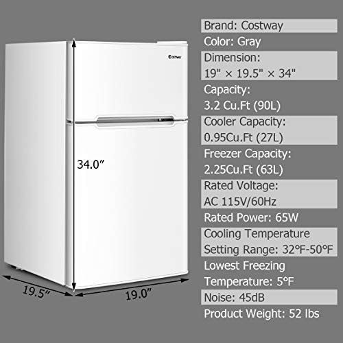 COSTWAY Compact Refrigerator, 3.2 cu ft. Unit 2-Door Freezer Cooler Fridge with Reversible Door, Removable Glass Shelves, Mechanical Control, Recessed Handle for Dorm, Office, Apartment (White)