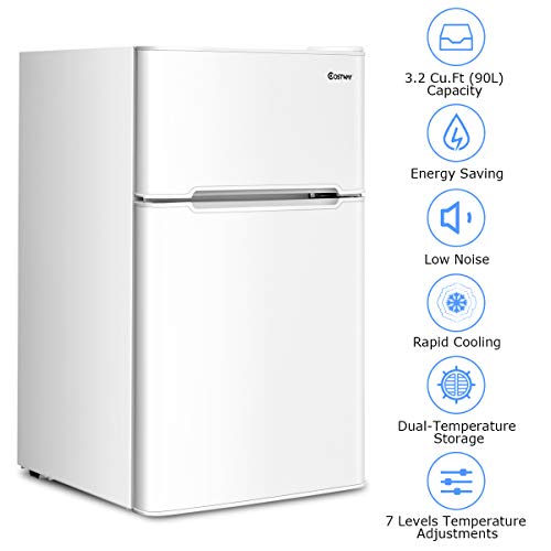 COSTWAY Compact Refrigerator, 3.2 cu ft. Unit 2-Door Freezer Cooler Fridge with Reversible Door, Removable Glass Shelves, Mechanical Control, Recessed Handle for Dorm, Office, Apartment (White)