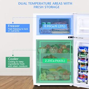 COSTWAY Compact Refrigerator, 3.2 cu ft. Unit 2-Door Freezer Cooler Fridge with Reversible Door, Removable Glass Shelves, Mechanical Control, Recessed Handle for Dorm, Office, Apartment (White)