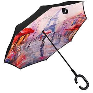 owen kyne Windproof Double Layer Folding Inverted Umbrella, Self Stand Upside-down Rain Protection Car Reverse Umbrellas with C-shaped Handle (Rain Tower)