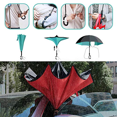 owen kyne Windproof Double Layer Folding Inverted Umbrella, Self Stand Upside-down Rain Protection Car Reverse Umbrellas with C-shaped Handle (Rain Tower)